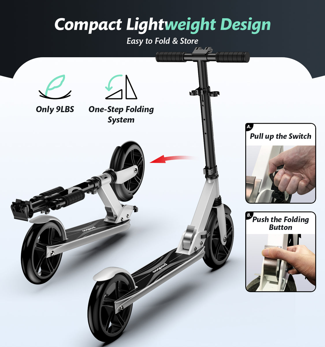pooboo Foldable Scooter-7.9IN Big Wheels for Kid, Teens & Adults, 4 Ad ...
